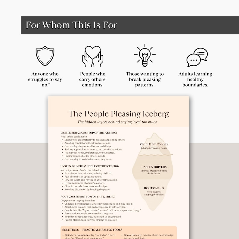 People Pleasing Iceberg Cheat Sheet, Trauma Healing Worksheet, Boundary ...
