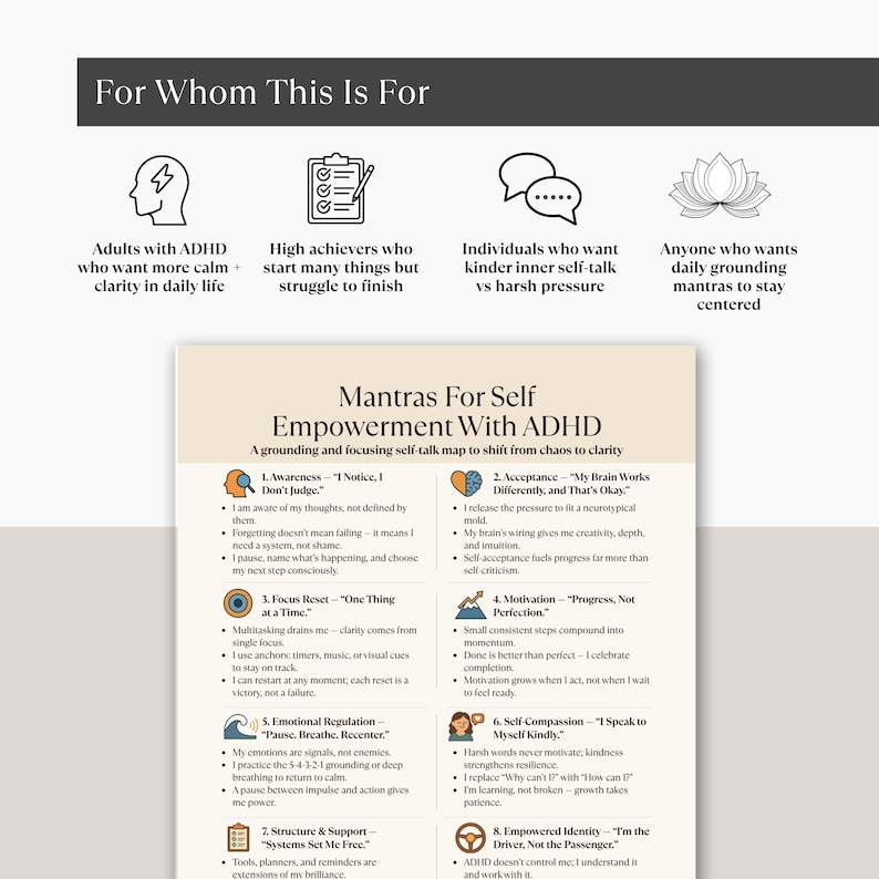 ADHD Mantras Cheat Sheet for Adults, Self Regulation Printable PDF - Etsy