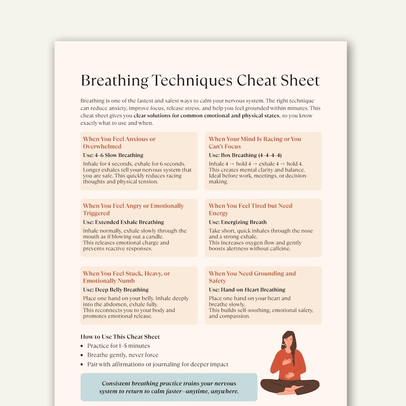 Calming Breathing Techniques Cheat Sheet for Anxiety, Stress and ...