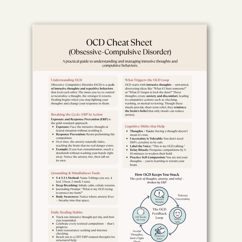 OCD Cheat Sheet, Obsessive Compulsive Disorder Worksheet, ERP Therapy ...