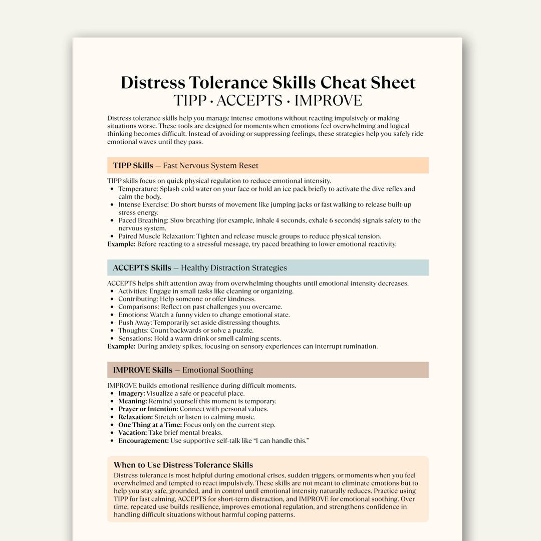 Distress Tolerance Skills Cheat Sheet, DBT Skills Printable, Emotional ...
