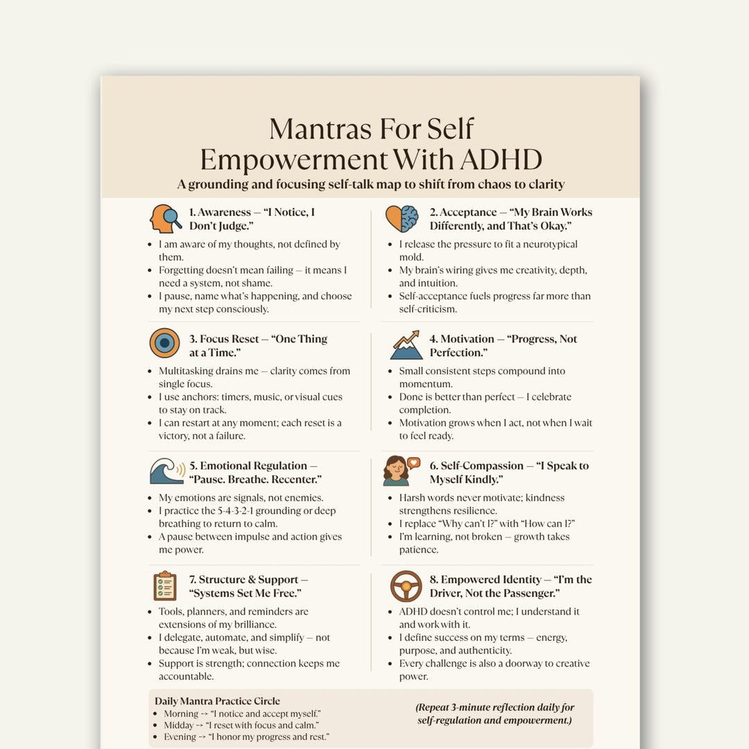 ADHD Mantras Cheat Sheet for Adults, Self Regulation Printable PDF - Etsy