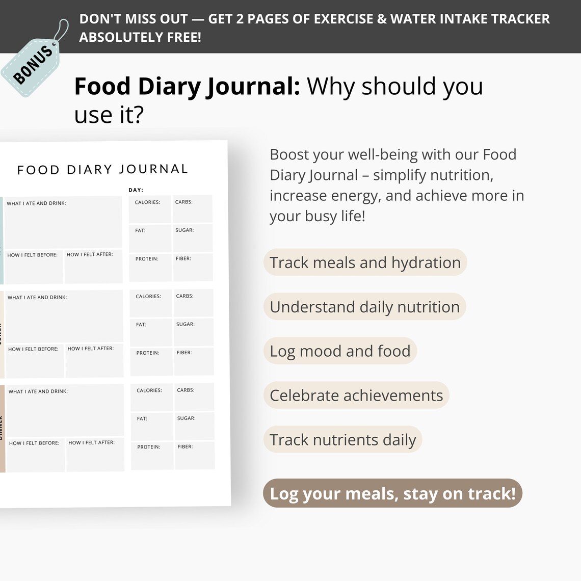 Printable Daily Food Diary Journal for Mindful Eating Practices, Meal ...
