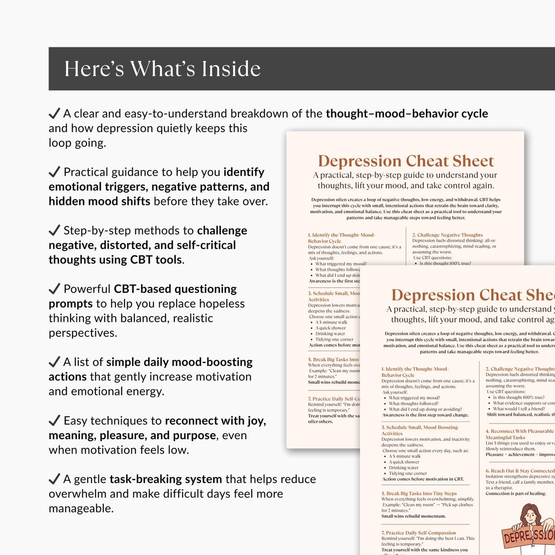 Depression Cheat Sheet, CBT for Depression, Mood Support Worksheet - Etsy