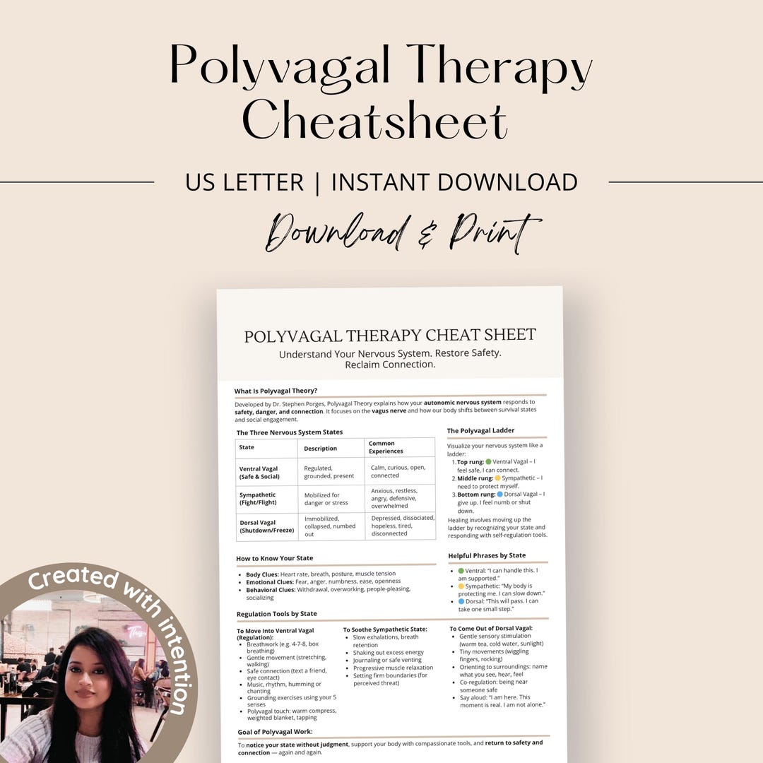 Polyvagal Therapy Cheat Sheet, Vagus Nerve Healing Worksheet, Trauma ...