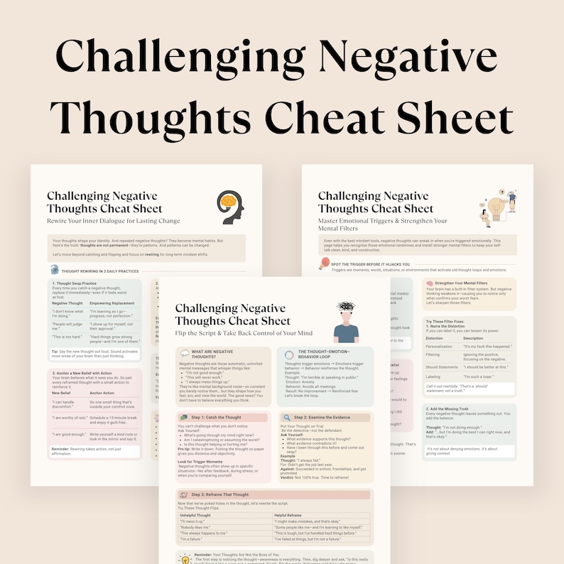 Challenging Negative Thoughts Cheat Sheet, CBT Thought Reframing ...