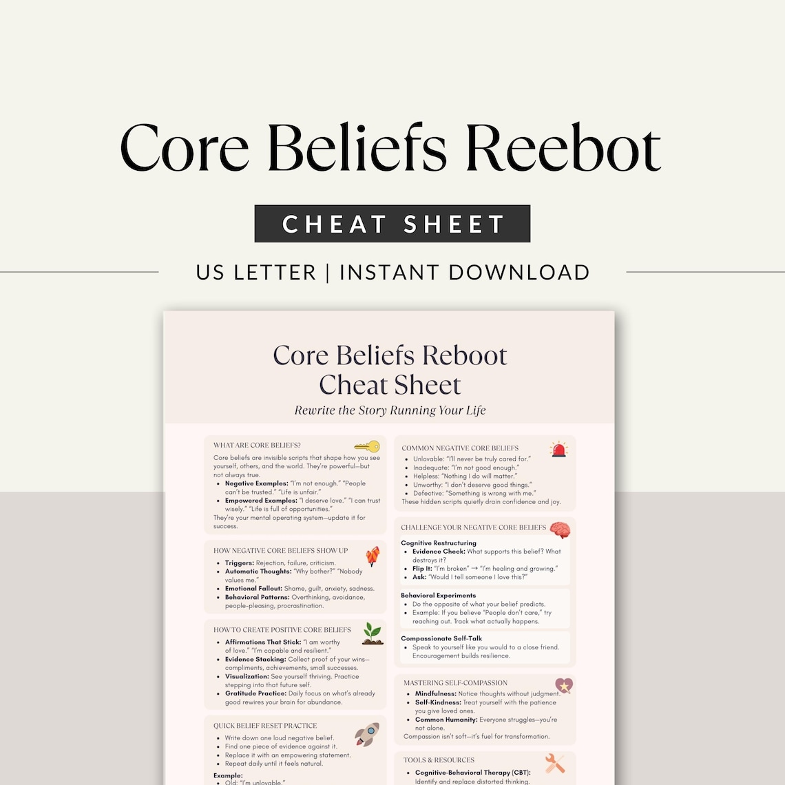 Core Beliefs Reboot Cheat Sheet, Therapy Worksheet (printable PDF ...