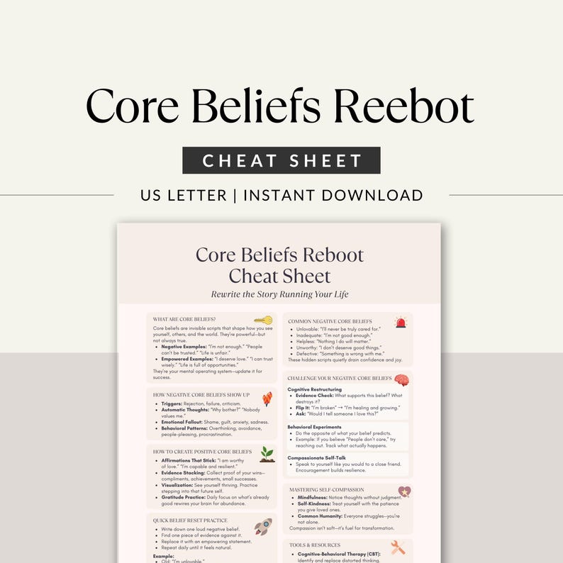 Core Beliefs Reboot Cheat Sheet, Therapy Worksheet (printable PDF Digital Download) - Etsy