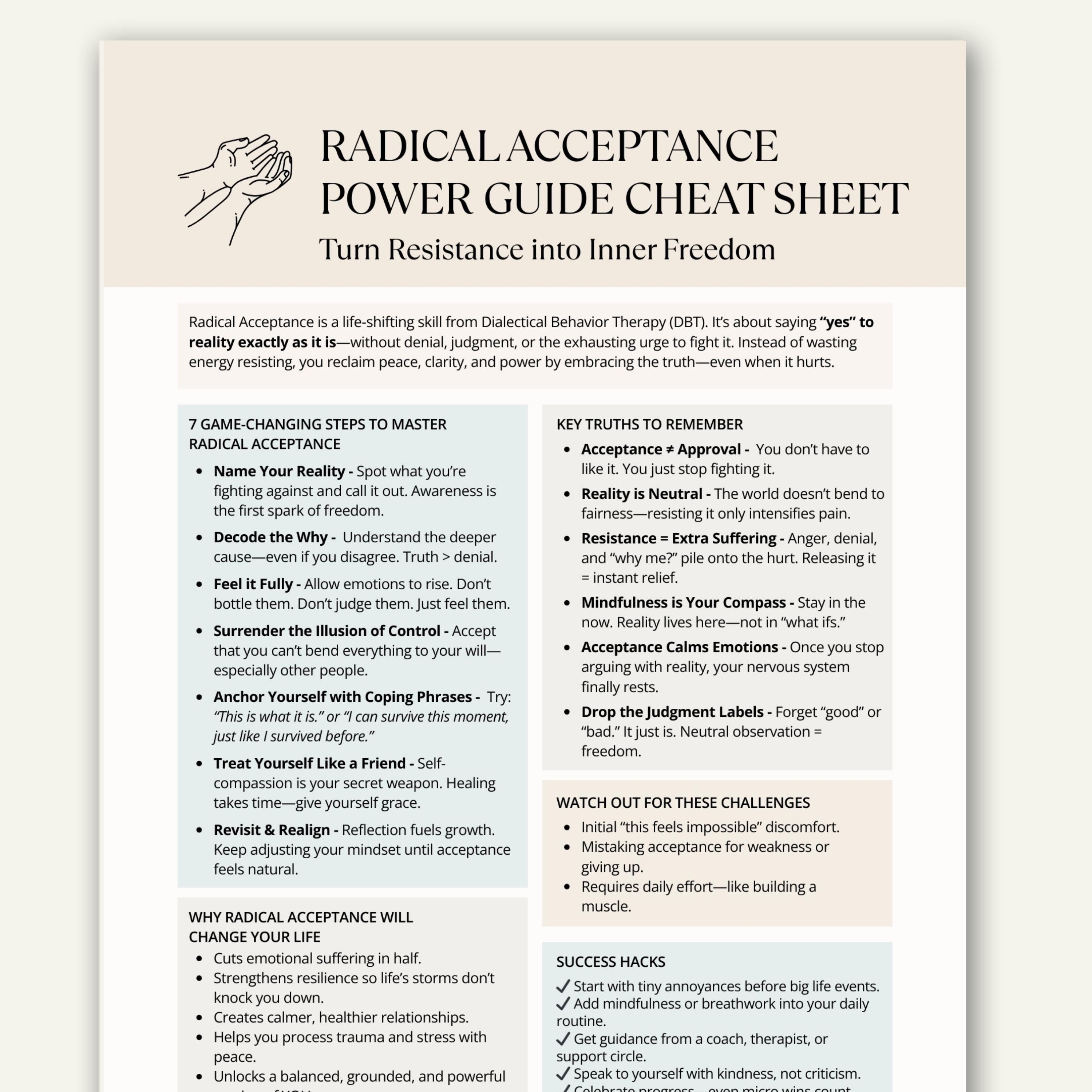 Radical Acceptance Cheat Sheet, Printable DBT Skills Guide, Therapy ...