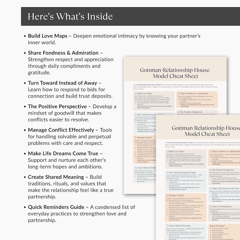 Gottman Relationship House Cheat Sheet, Couples Therapy Worksheet ...