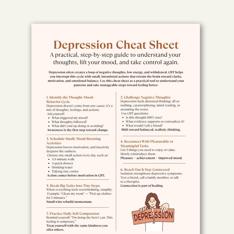 Depression Cheat Sheet, CBT for Depression, Mood Support Worksheet - Etsy