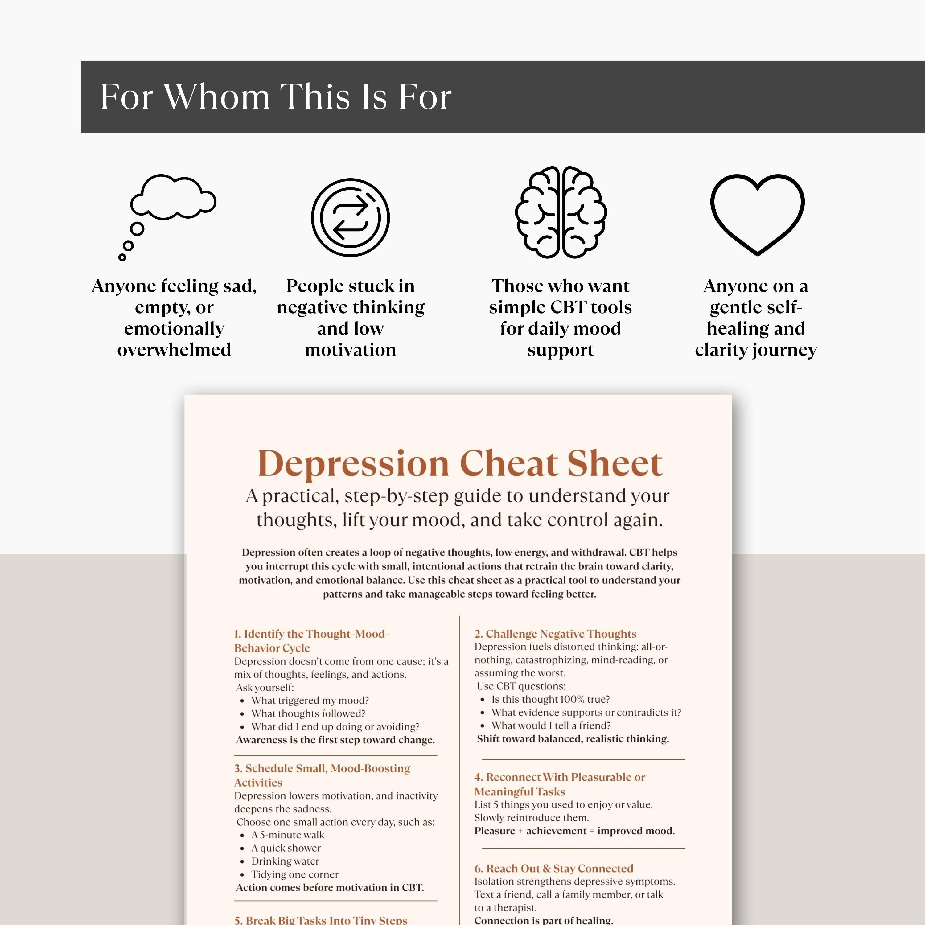 Depression Cheat Sheet, CBT for Depression, Mood Support Worksheet - Etsy