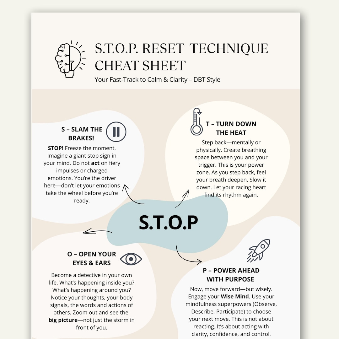 DBT STOP Technique Cheat Sheet, Emotional Regulation and Stress ...