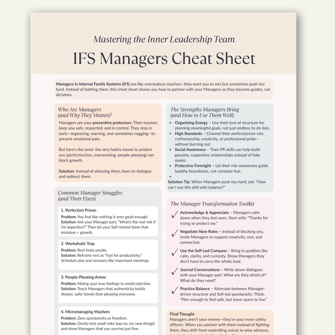IFS Managers Cheat Sheet, Internal Family Systems Therapy Worksheet ...