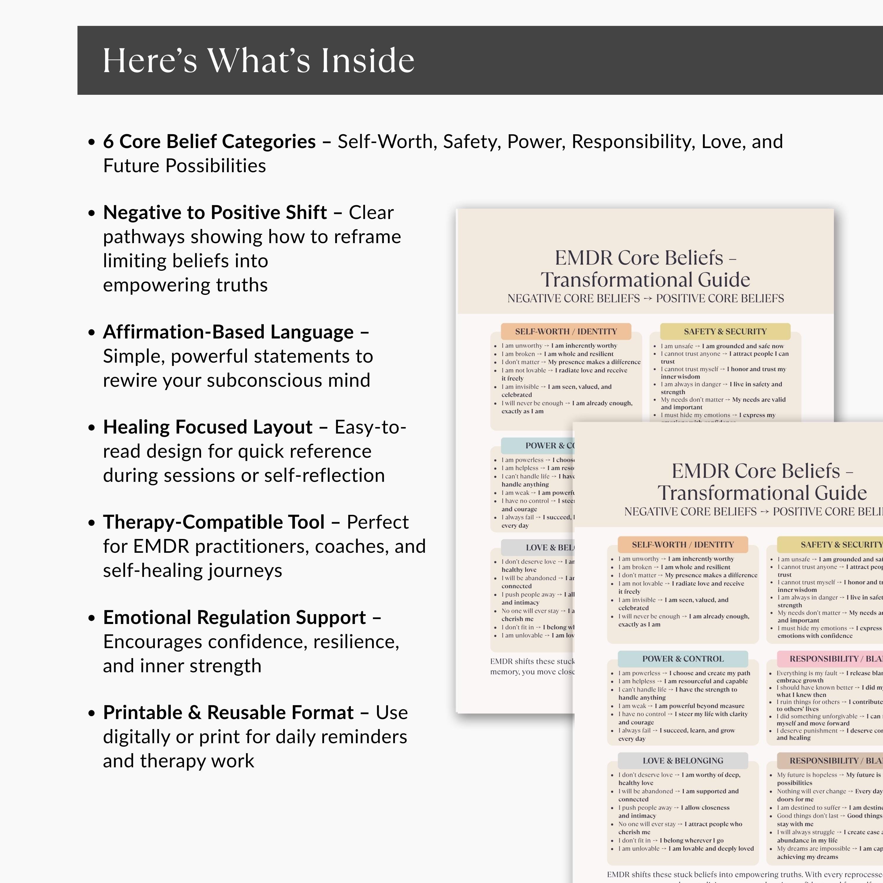 EMDR Core Beliefs Cheat Sheet Printable, Therapy Worksheet and Healing ...