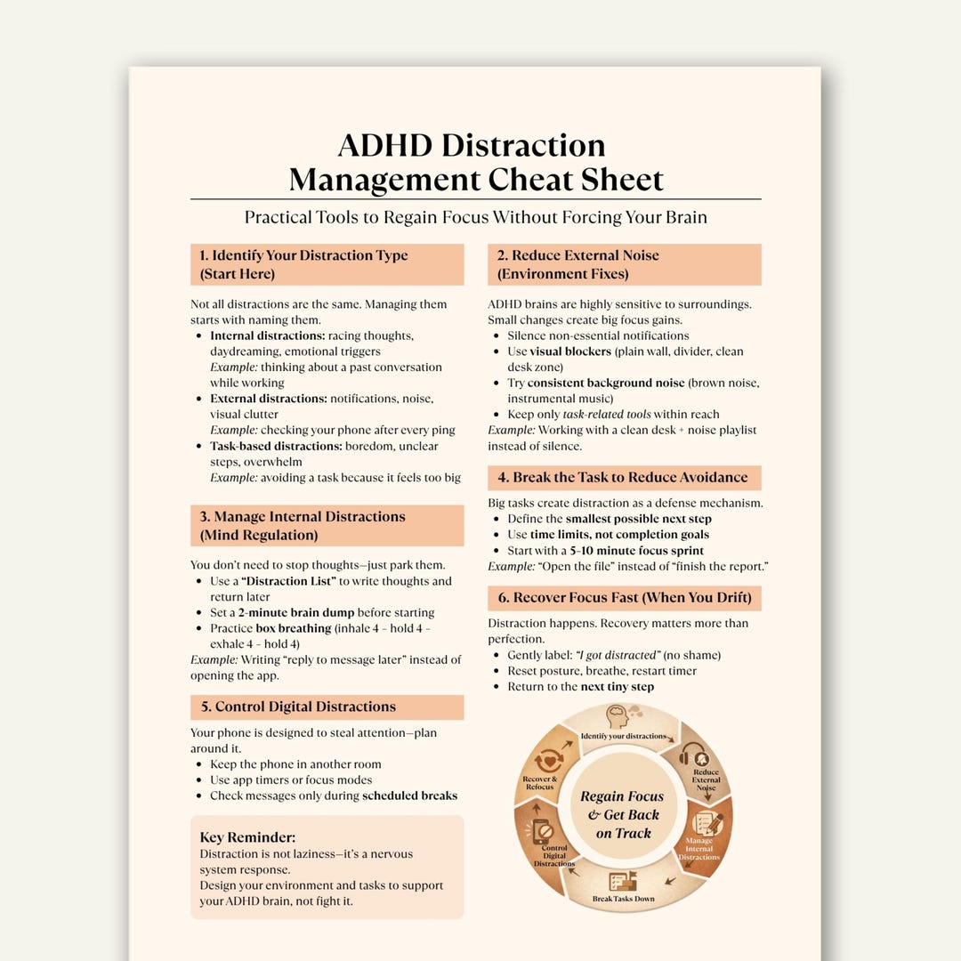 ADHD Distraction Management Cheat Sheet, Focus Tools for Adults, Brain ...
