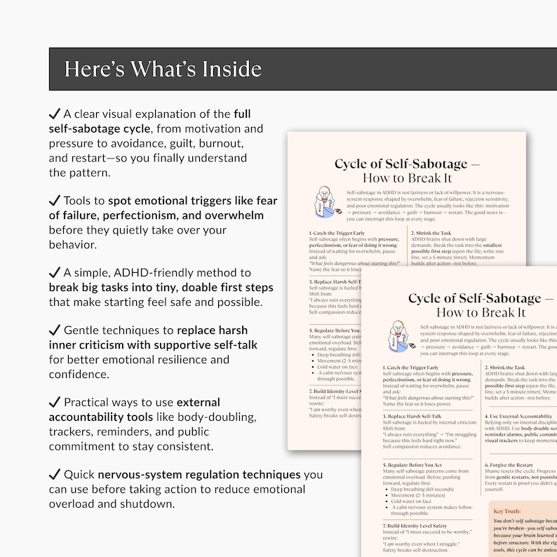 Cycle of Self-sabotage Cheat Sheet, ADHD Procrastination, Burnout ...