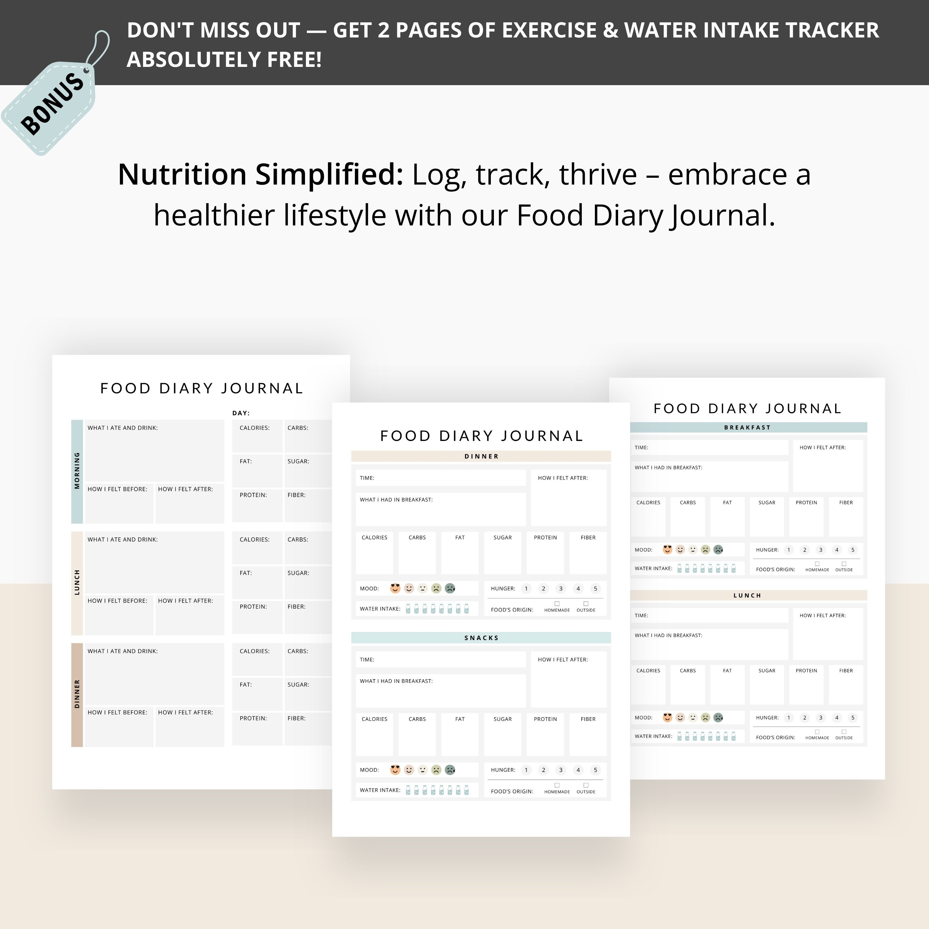 Printable Daily Food Diary Journal for Mindful Eating Practices, Meal ...