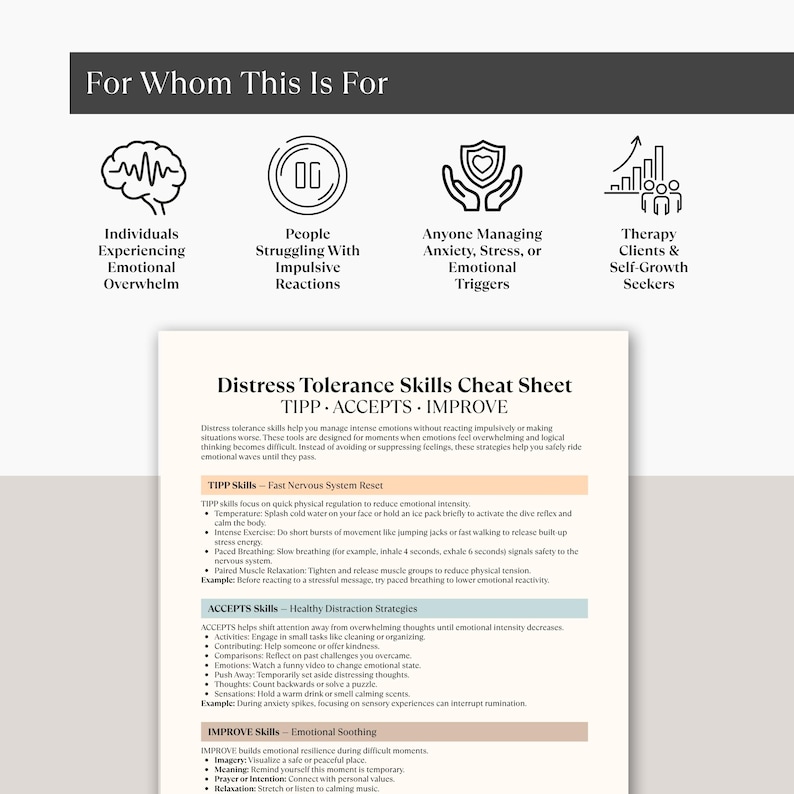 Distress Tolerance Skills Cheat Sheet, DBT Skills Printable, Emotional ...