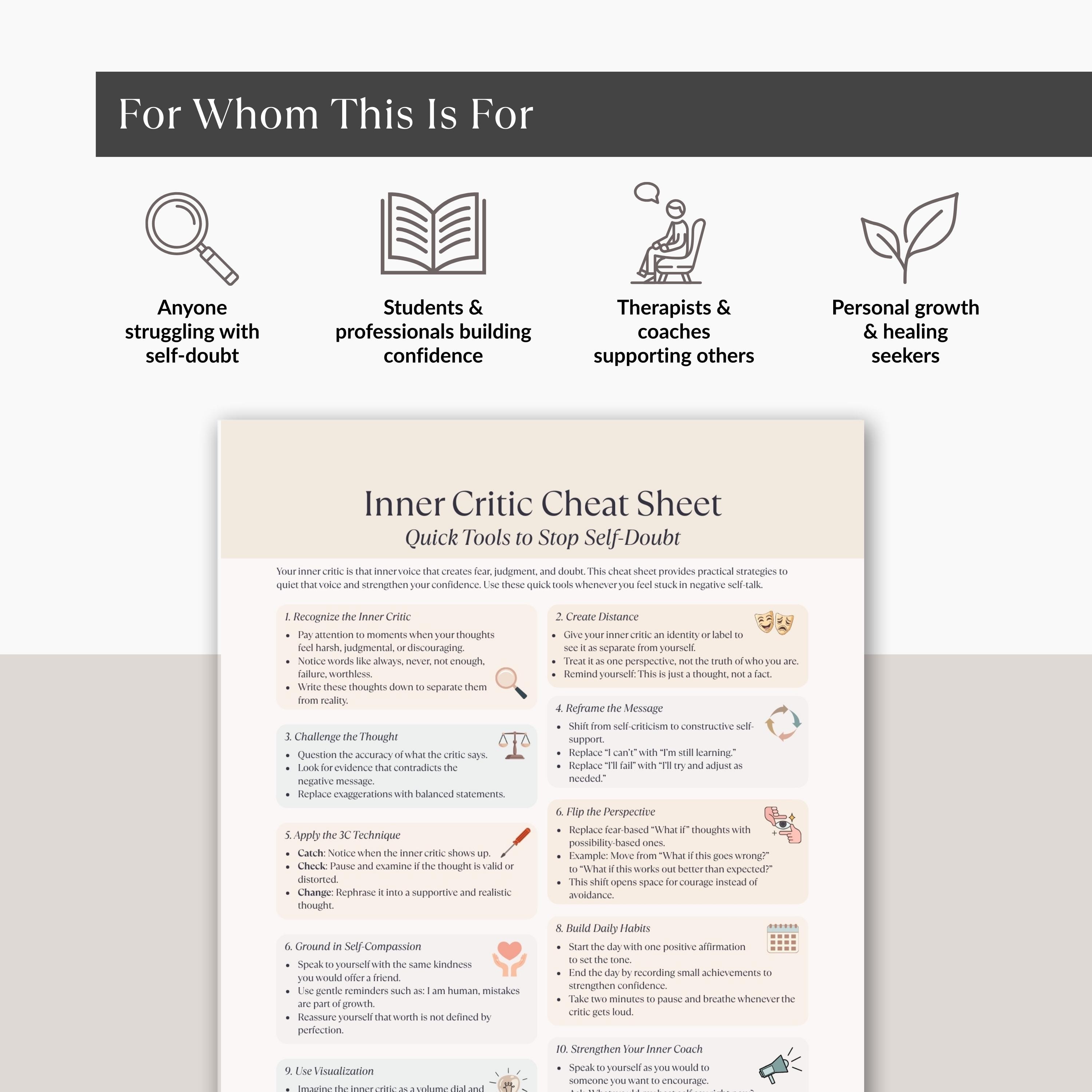 Inner Critic Cheat Sheet, Reframe Negative Thoughts Worksheet ...
