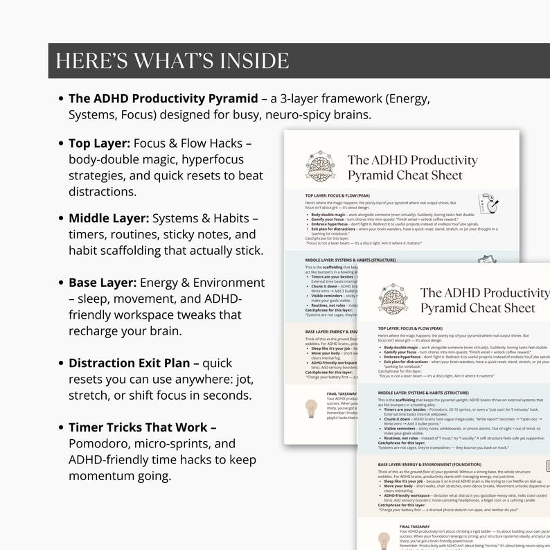 ADHD Productivity Pyramid Cheat Sheet, Focus and Habits Printable, ADHD ...