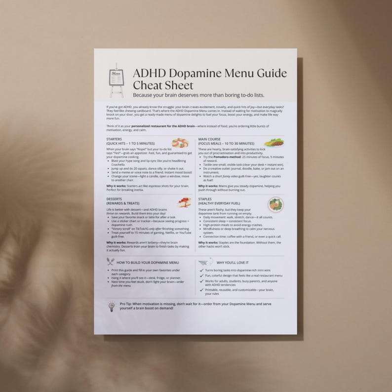 ADHD Dopamine Menu Cheat Sheet, Dopamine Reward System Chart ...