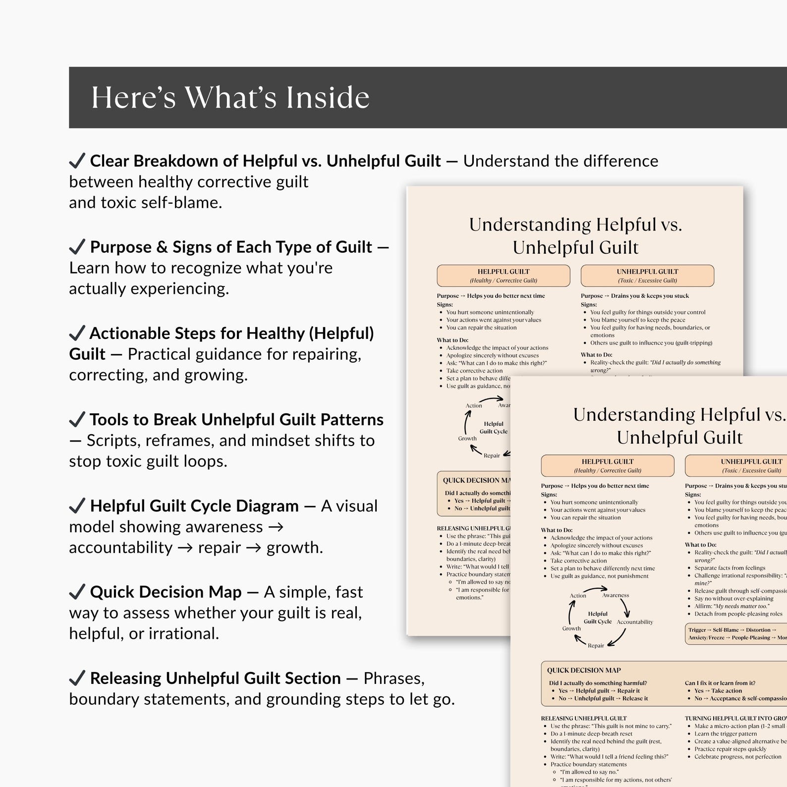 Understanding Helpful Vs Unhelpful Guilt Printable, Mental Health Cheat ...