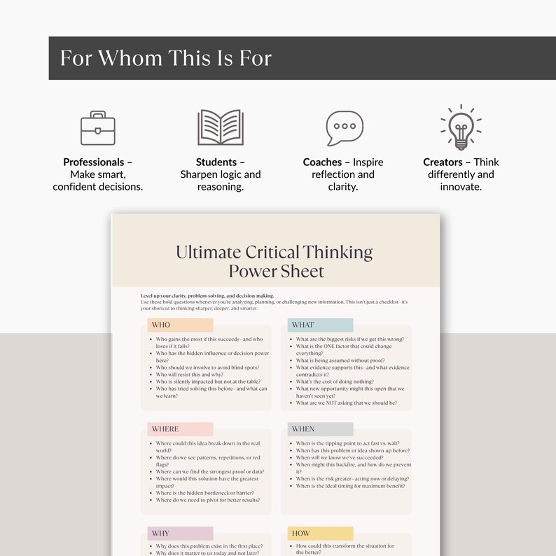 Critical Thinking Power Sheet, Decision Making Worksheet, Self ...