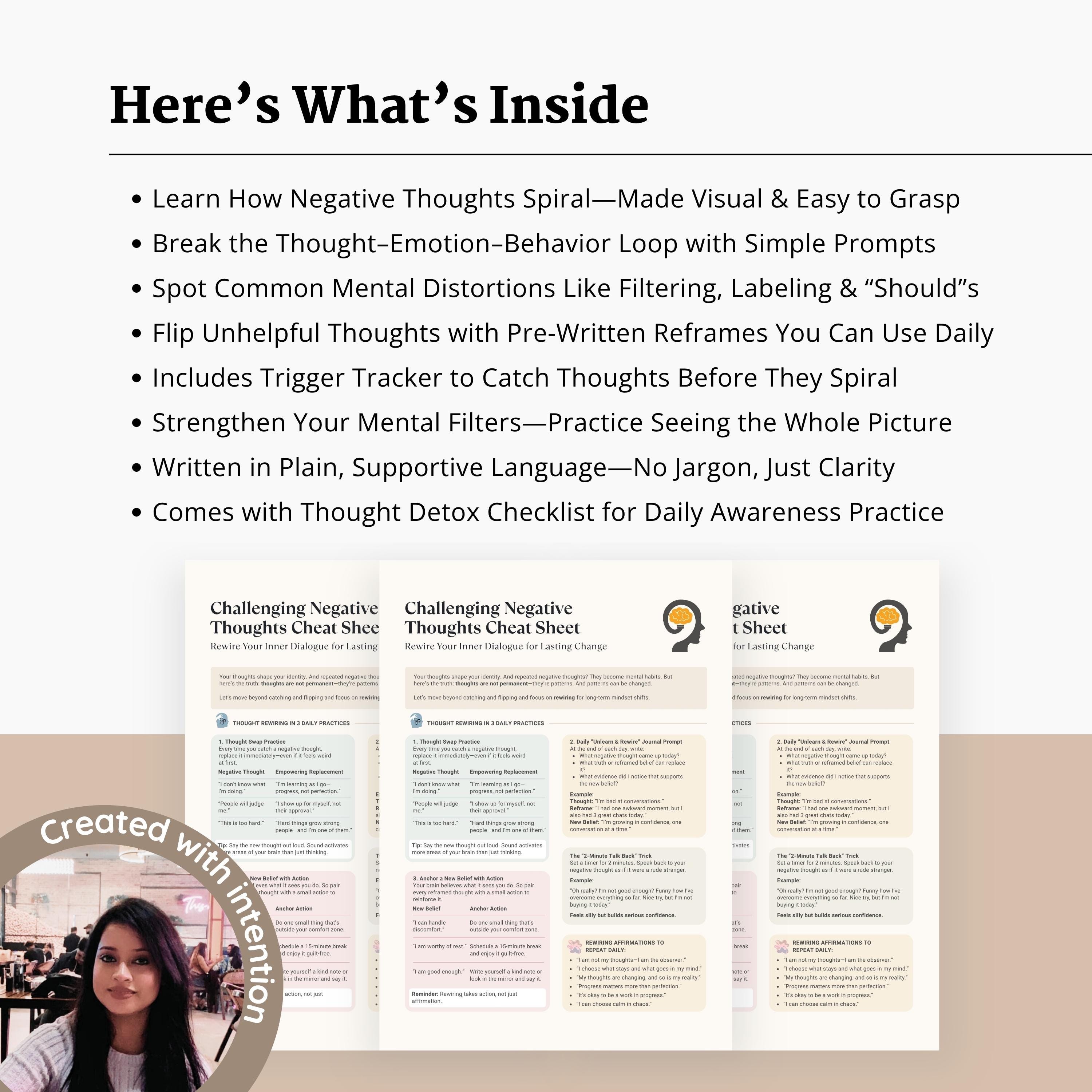 Challenging Negative Thoughts Cheat Sheet, CBT Thought Reframing ...