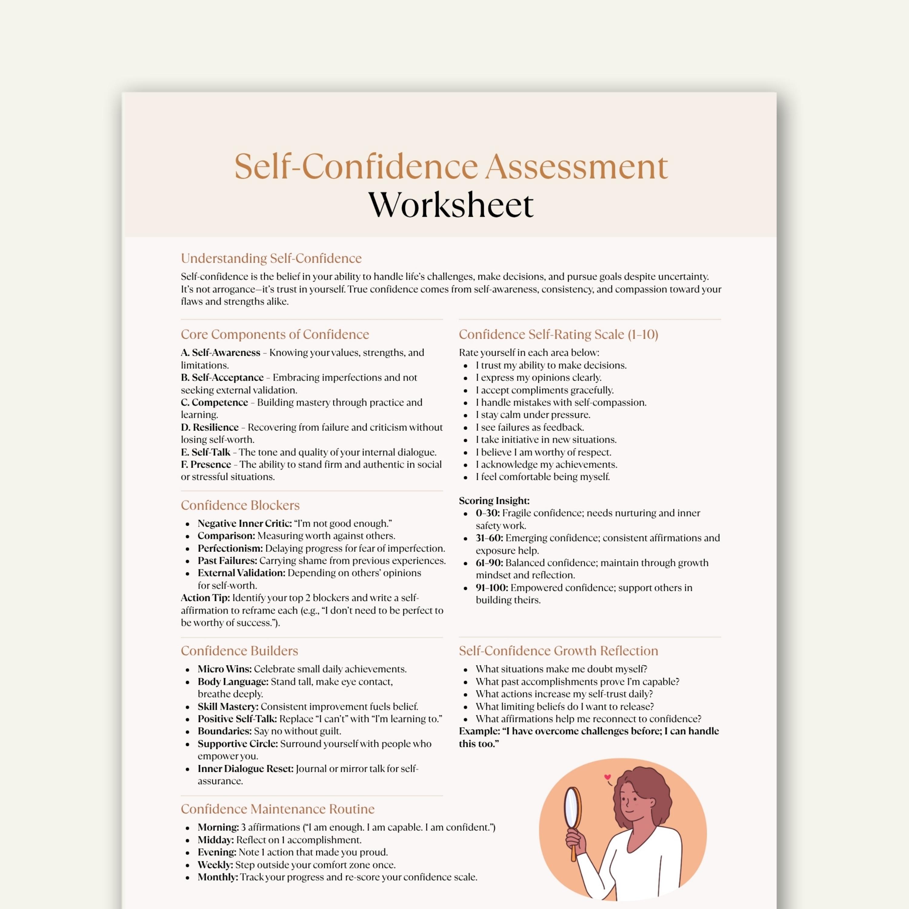 Self Confidence Worksheet: Assessment & Growth Guide (printable PDF) - Etsy