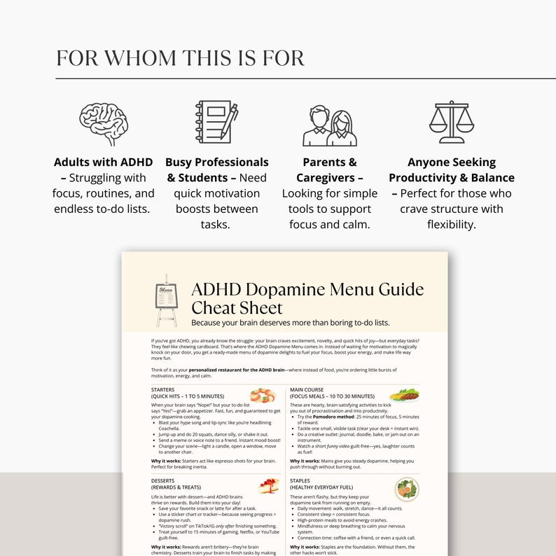 ADHD Dopamine Menu Cheat Sheet, Dopamine Reward System Chart ...