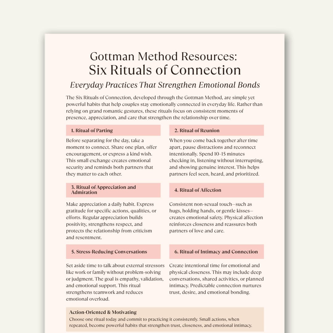 Gottman Method Six Rituals of Connection Cheat Sheet, Couples Therapy ...