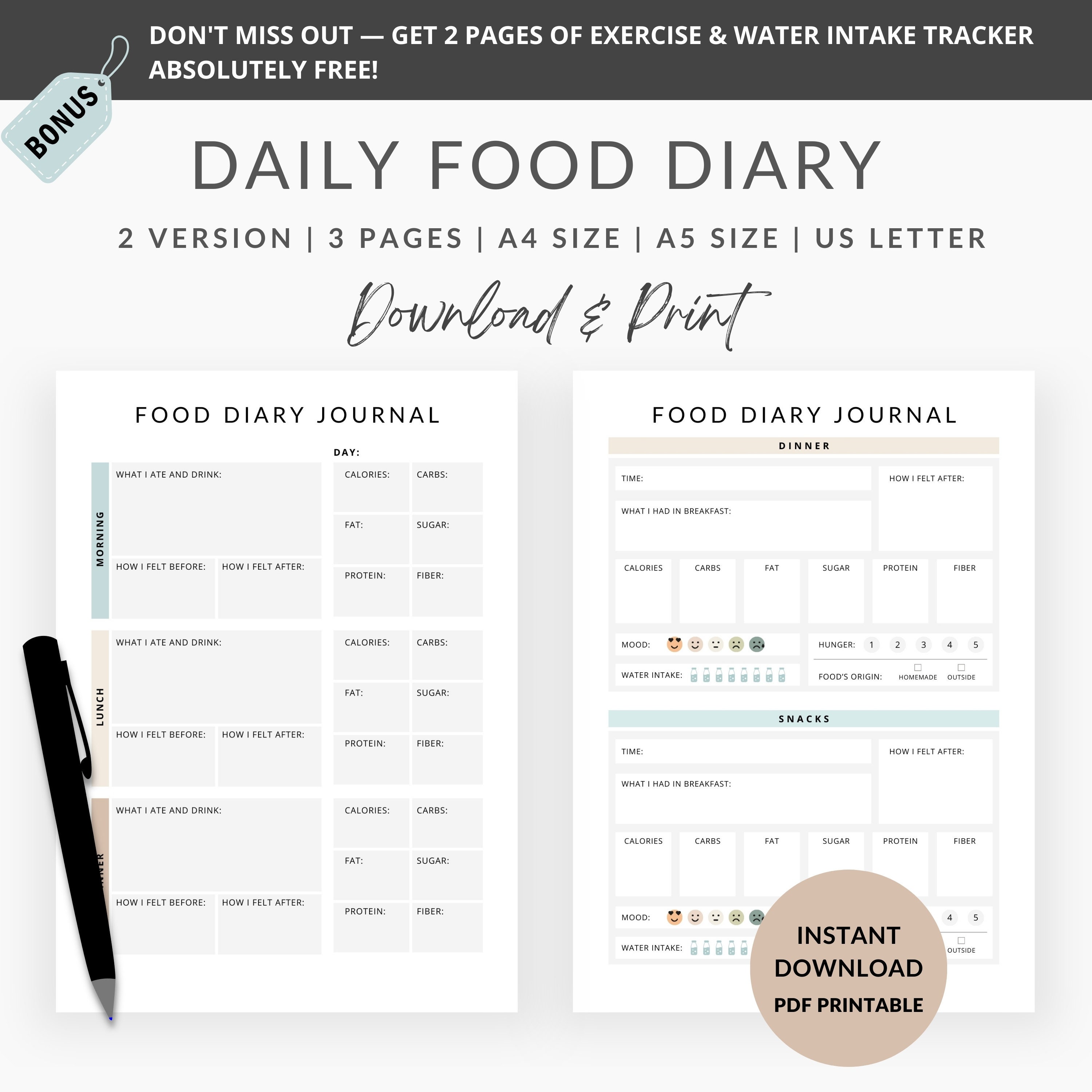 Printable Daily Food Diary Journal for Mindful Eating Practices, Meal ...