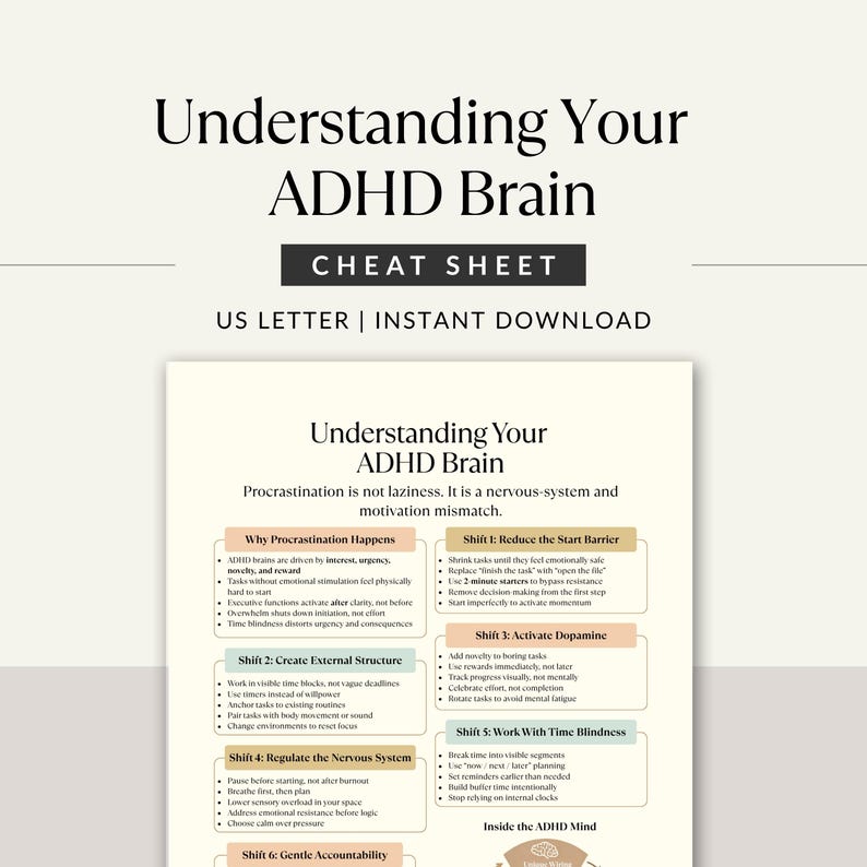 Understanding Your ADHD Brain Cheat Sheet, Adult ADHD Productivity and ...