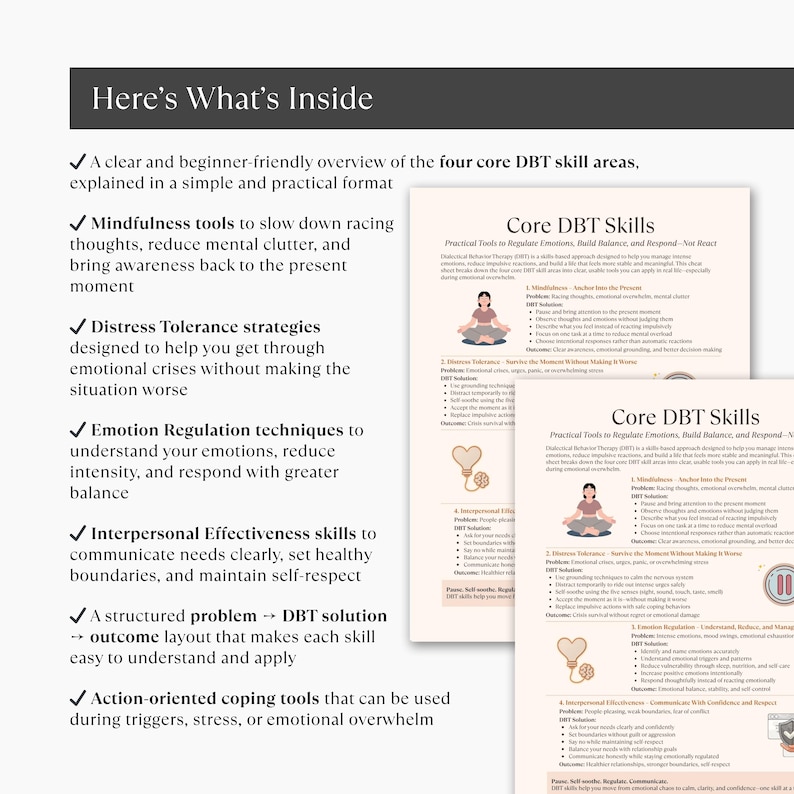 Core DBT Skills Cheat Sheet, DBT Therapy Tools for Emotional Regulation ...