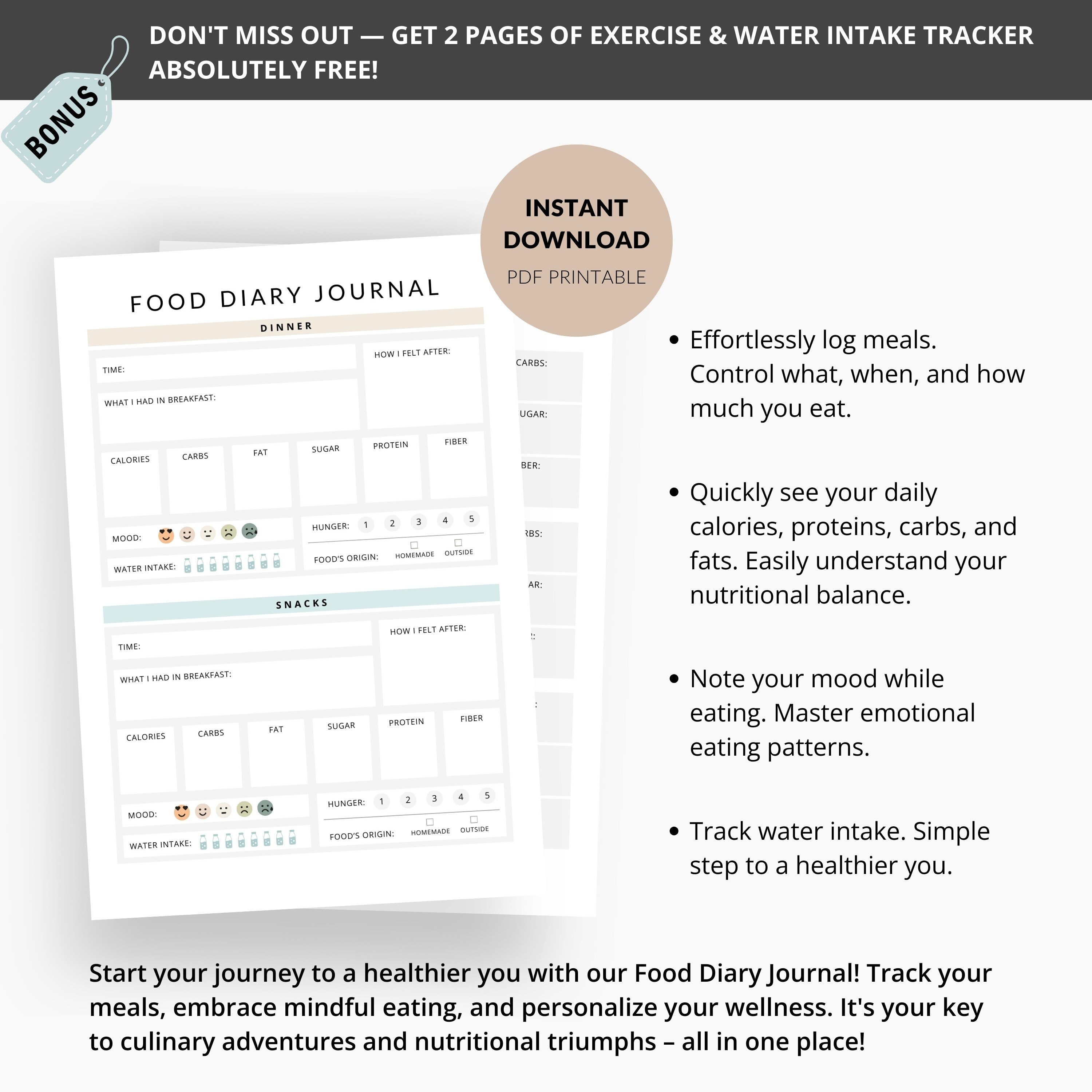 Printable Daily Food Diary Journal for Mindful Eating Practices, Meal ...