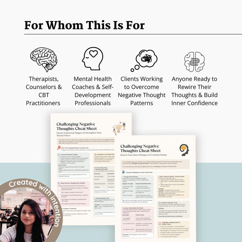 Challenging Negative Thoughts Cheat Sheet, CBT Thought Reframing ...