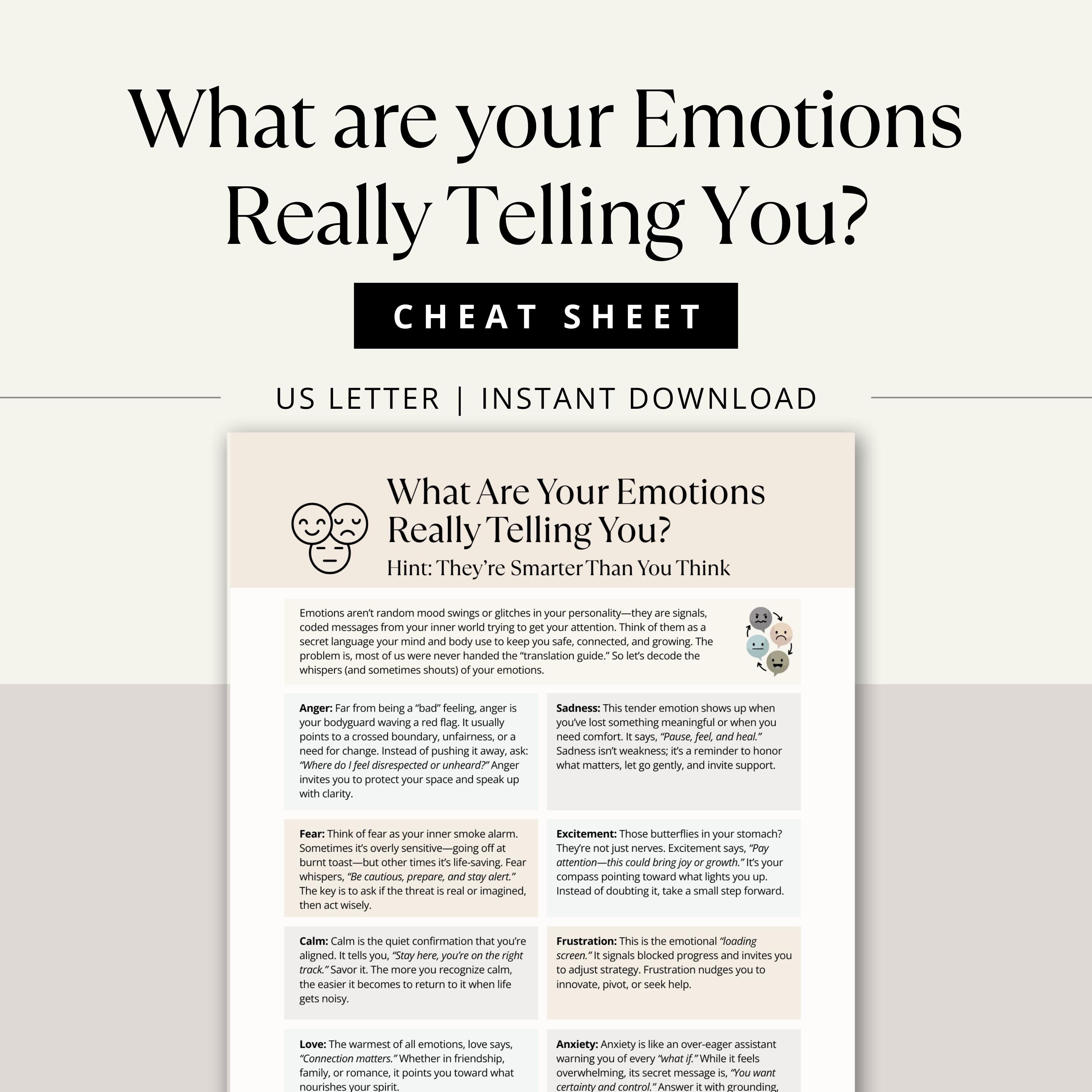 Emotions Awareness Cheat Sheet, Therapy Printable Worksheet (PDF) - Etsy