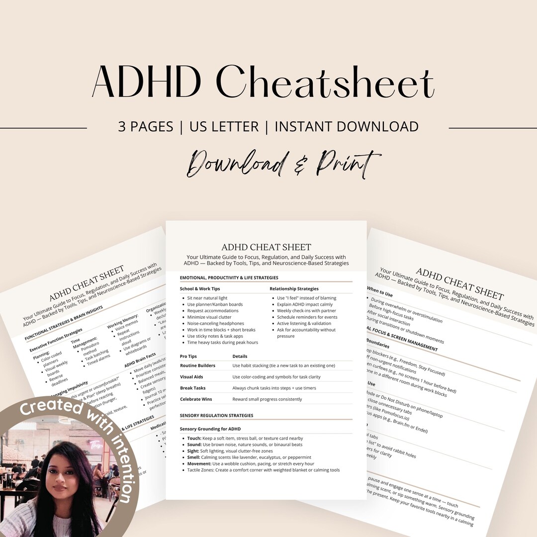 ADHD Cheat Sheet Printable, Focus and Productivity Hacks Instant ...