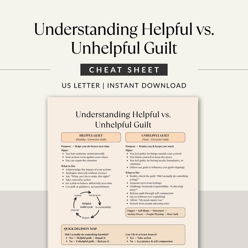 Understanding Helpful Vs Unhelpful Guilt Printable, Mental Health Cheat ...