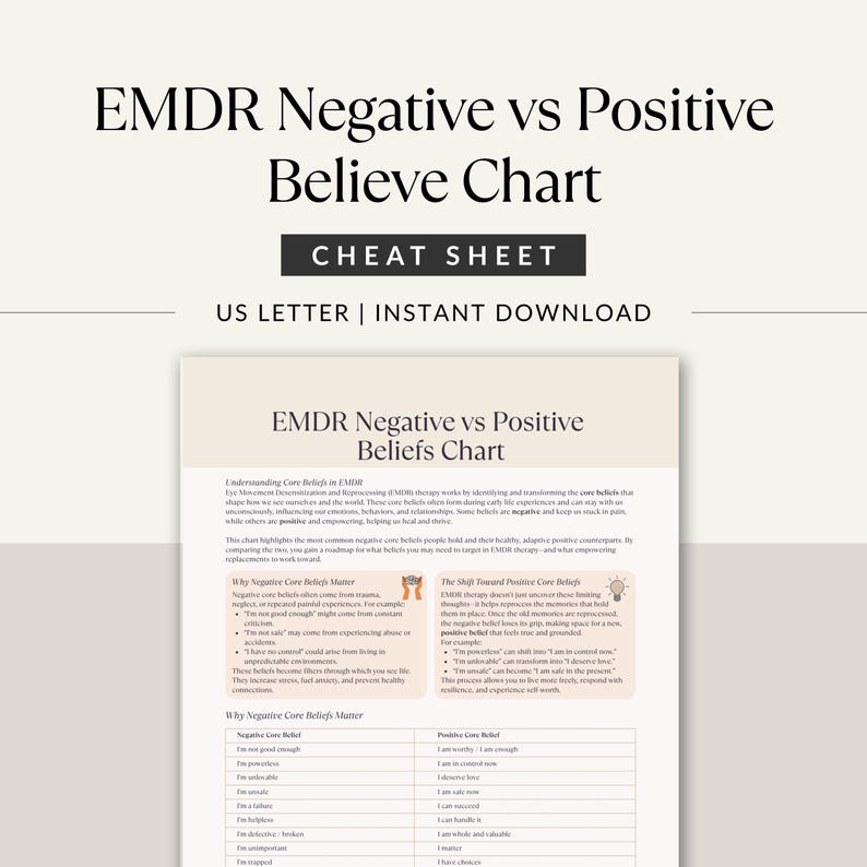 EMDR Negative Vs Positive Beliefs Chart, Trauma Therapy Printable, Core ...