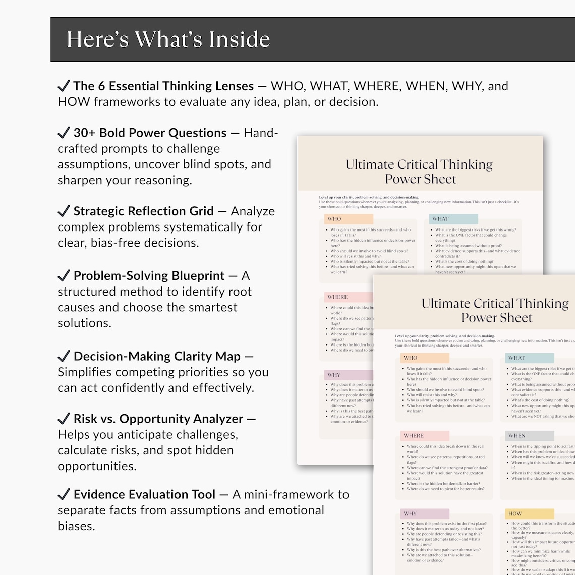 Critical Thinking Power Sheet, Decision Making Worksheet, Self ...