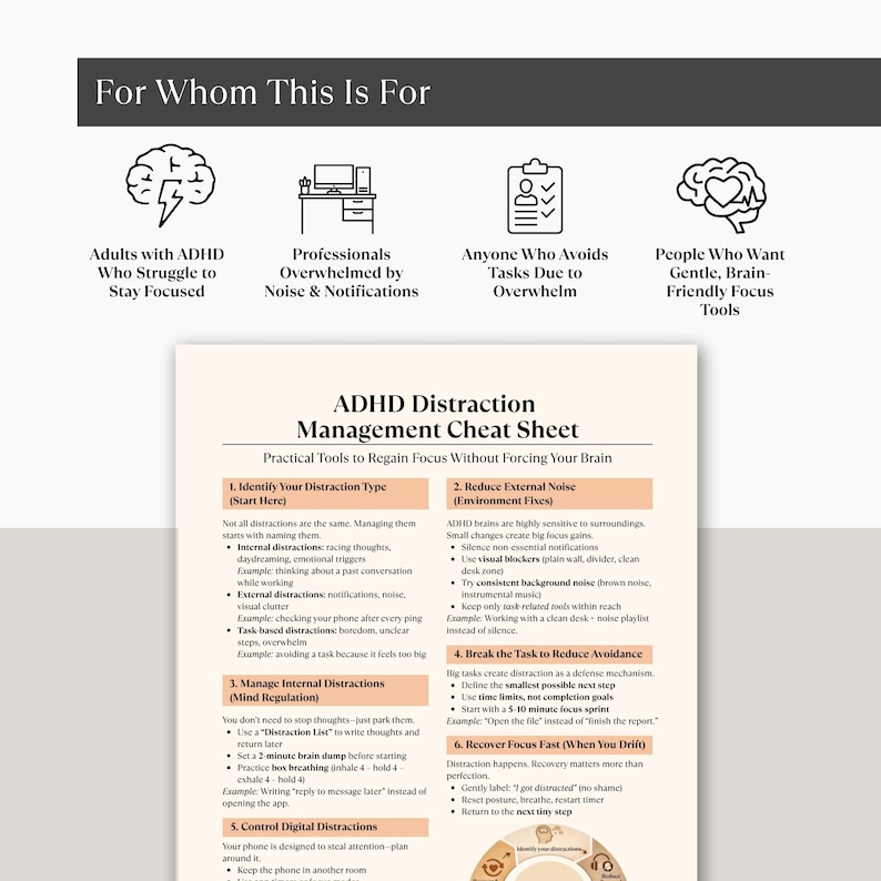 ADHD Distraction Management Cheat Sheet, Focus Tools for Adults, Brain ...