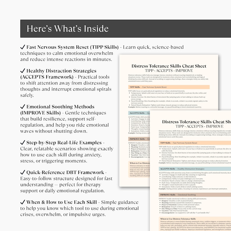 Distress Tolerance Skills Cheat Sheet, DBT Skills Printable, Emotional ...