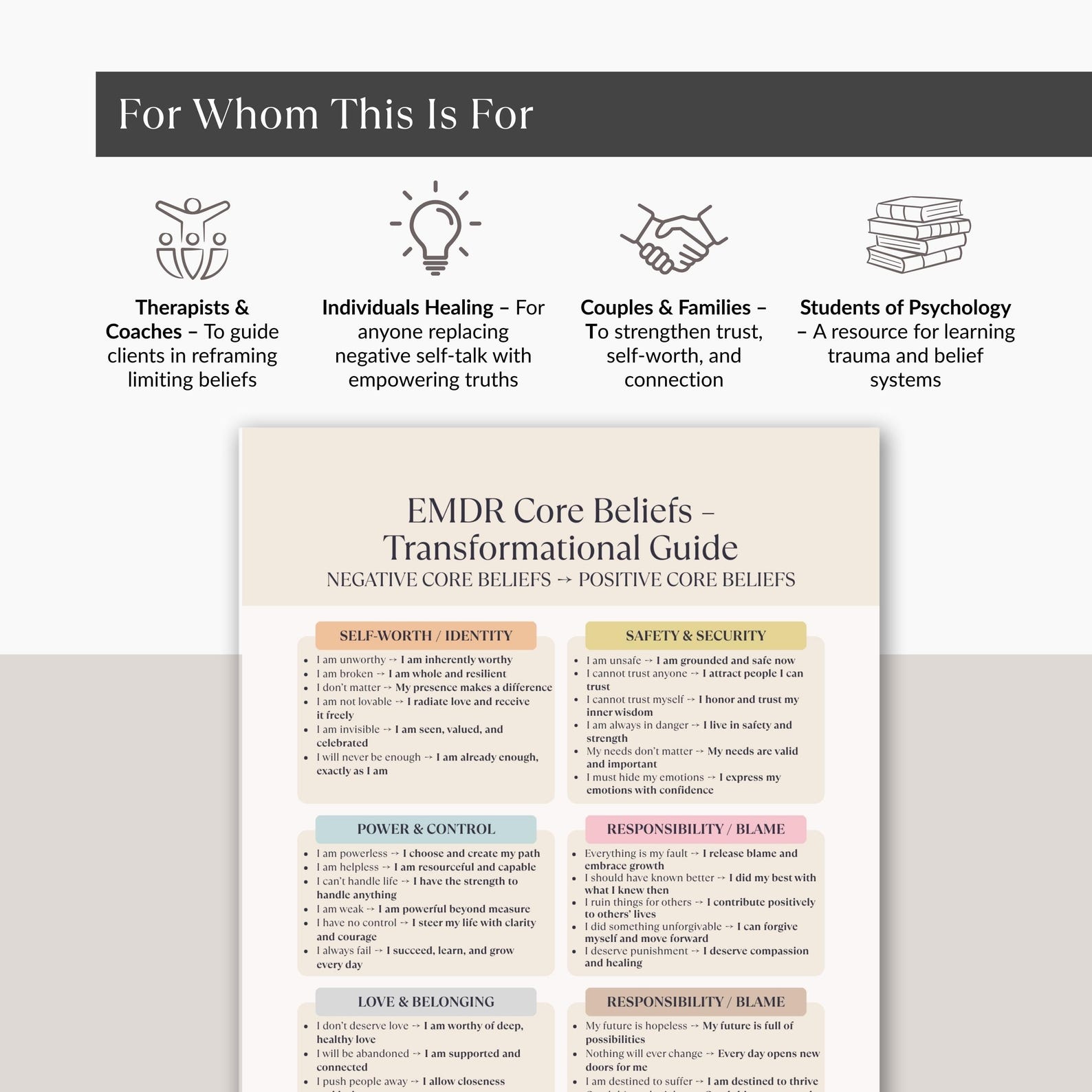 EMDR Core Beliefs Cheat Sheet Printable, Therapy Worksheet and Healing ...