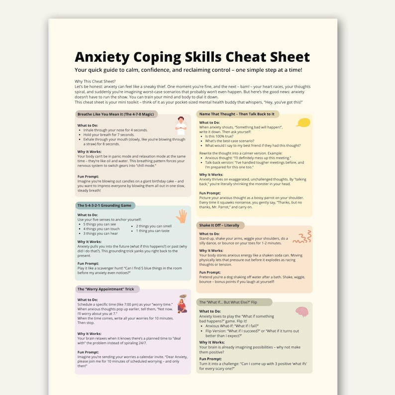 Anxiety Coping Skills Cheat Sheet, Stress Relief and Grounding ...