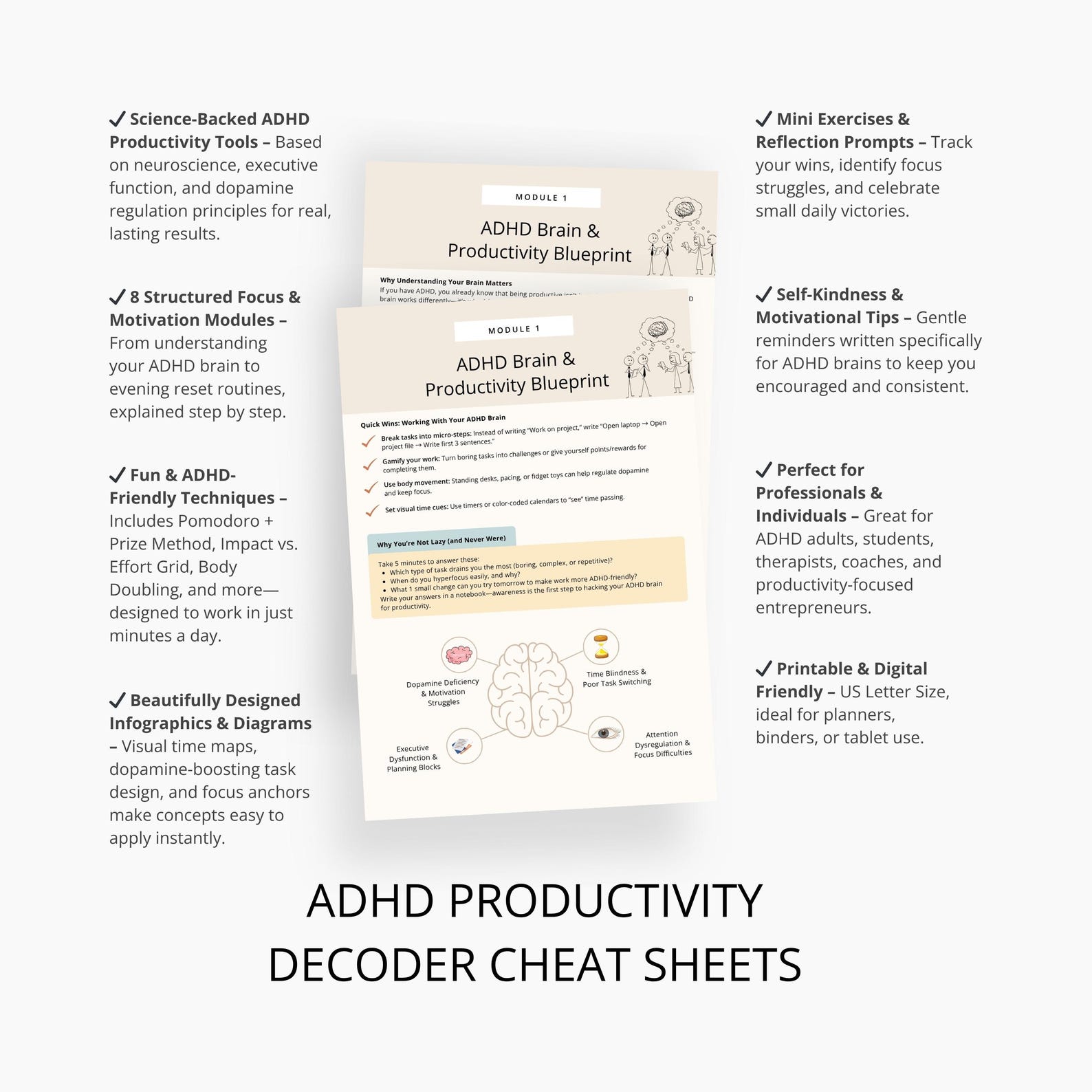ADHD Productivity Decoder Cheat Sheets, Focus Strategies Worksheet ...