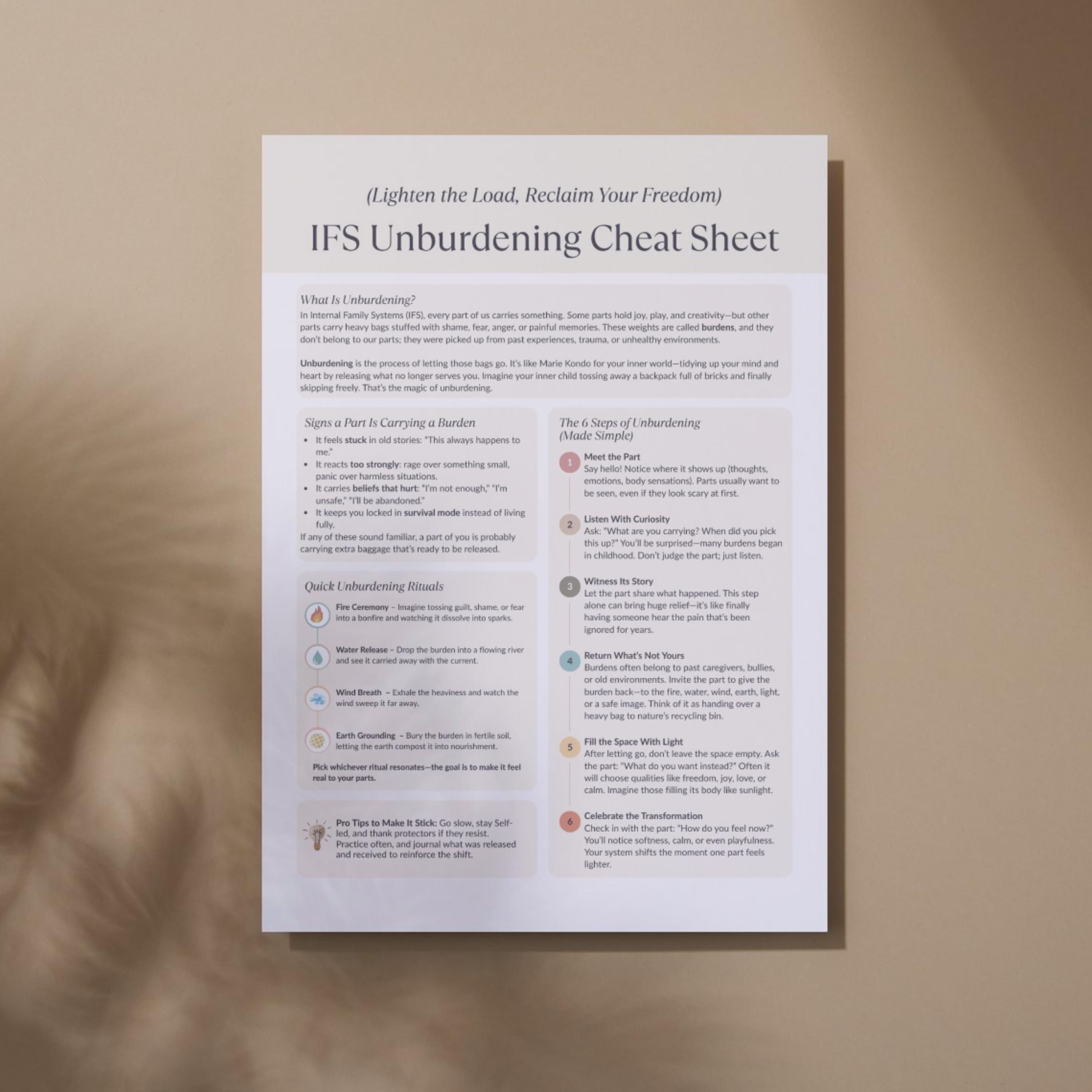 IFS Unburdening Cheat Sheet, Trauma Healing Parts Work (PDF) - Etsy