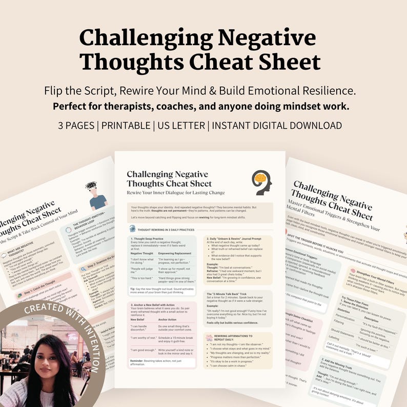 Challenging Negative Thoughts Cheat Sheet, CBT Thought Reframing ...