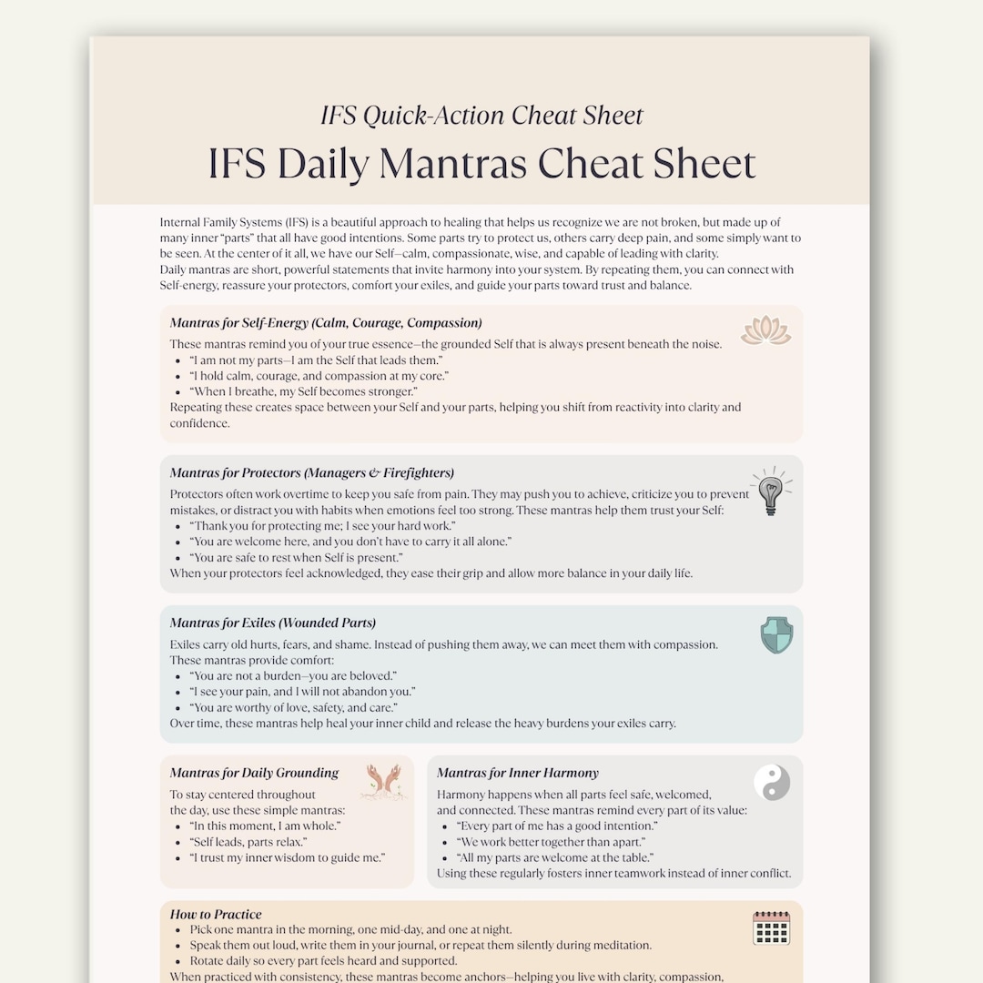IFS Daily Mantras Cheat Sheet, Internal Family Systems Therapy (PDF) - Etsy